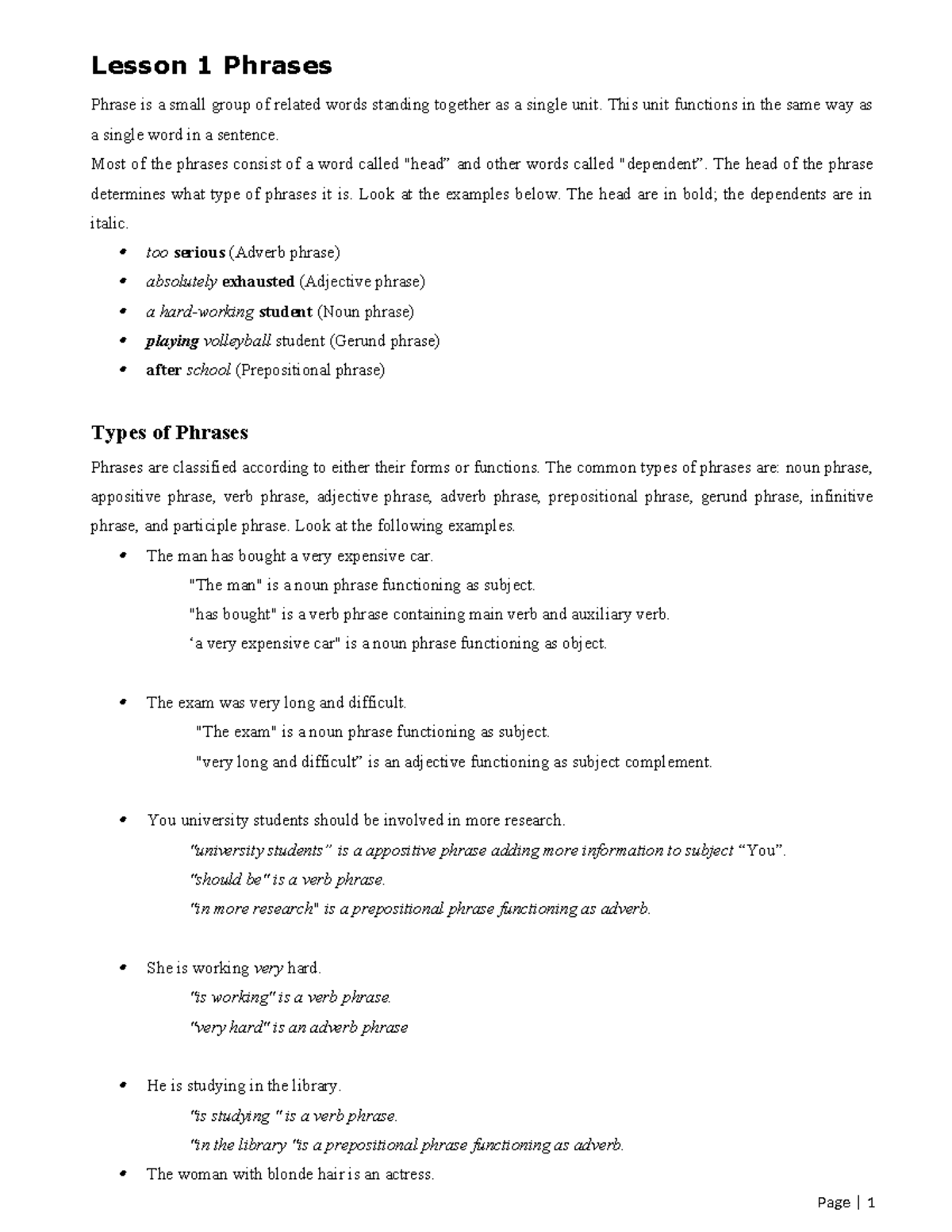 Lesson 1: Understanding Phrases and Their Types - Studocu