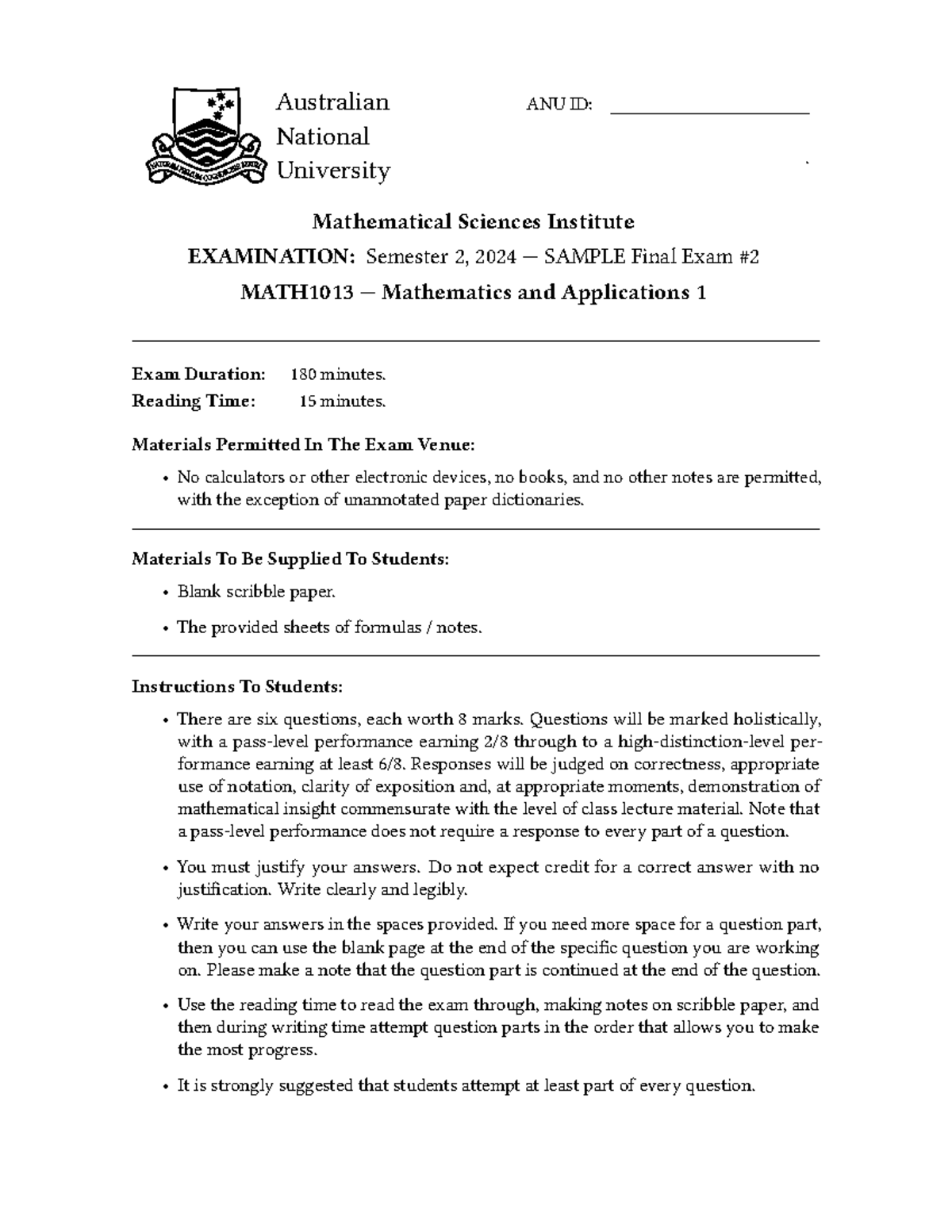 MATH1013 SAMPLE Final Exam #2, Semester 2, 2024: Mathematics and ...