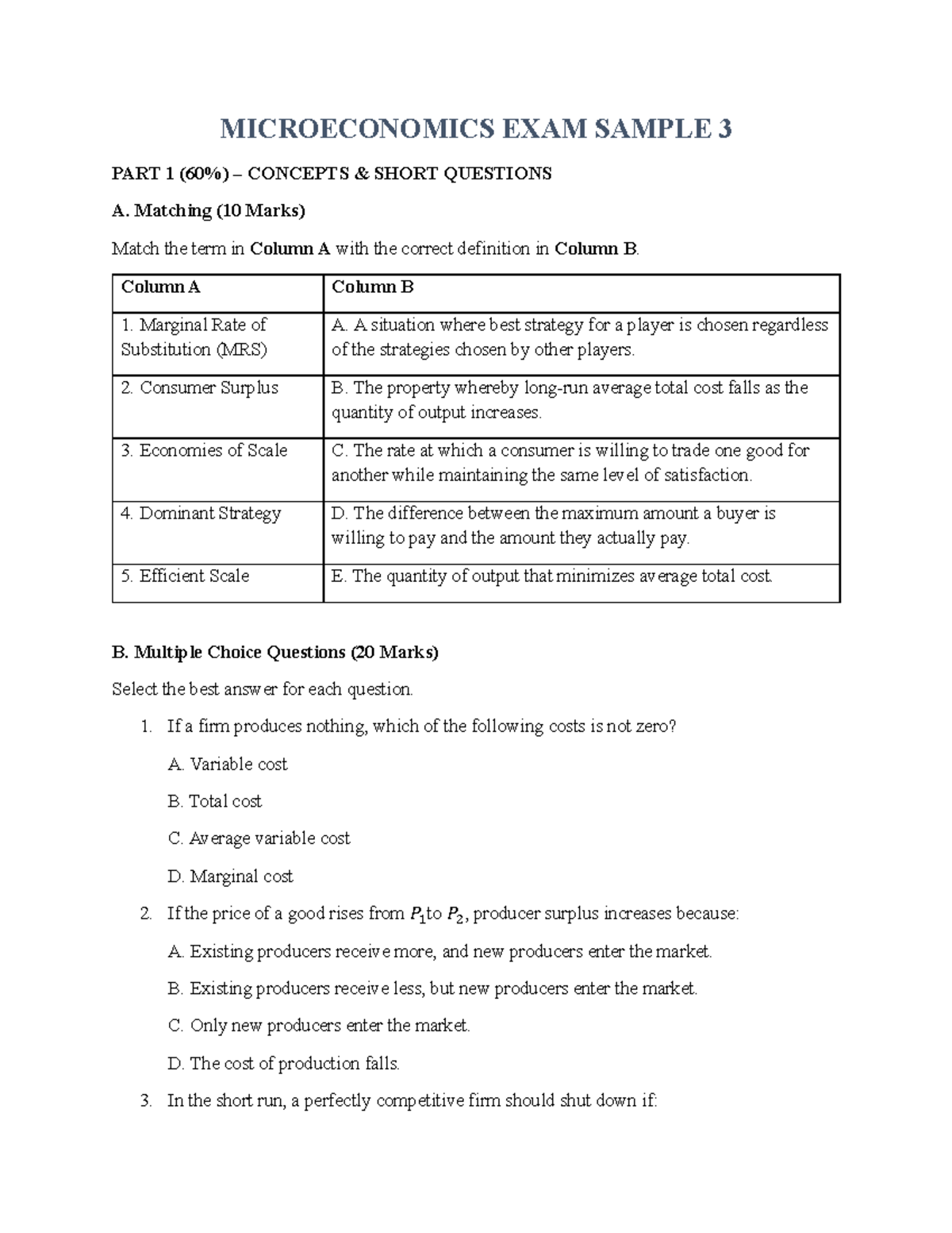 MICROECONOMICS EXAM SAMPLE 3: CONCEPTS & PROBLEMS - Studocu