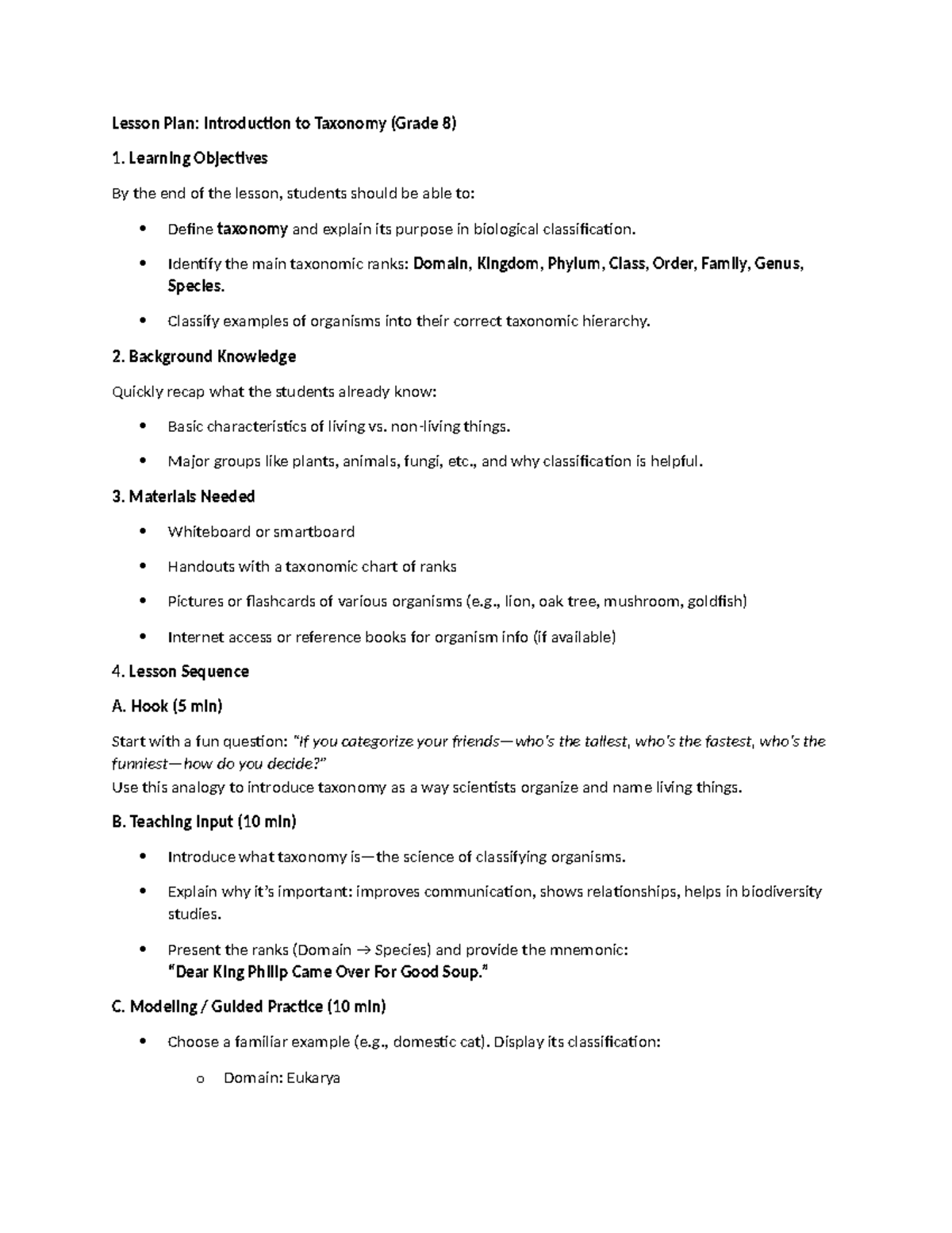 Grade 8 Lesson Plan: Introduction to Taxonomy and Classification - Studocu