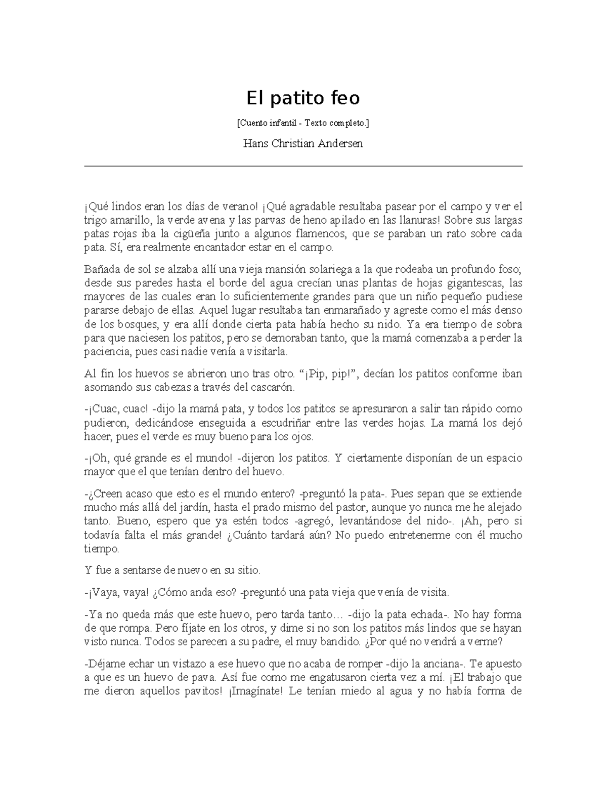 El patito feo - Texto completo de Hans Christian Andersen - Studocu