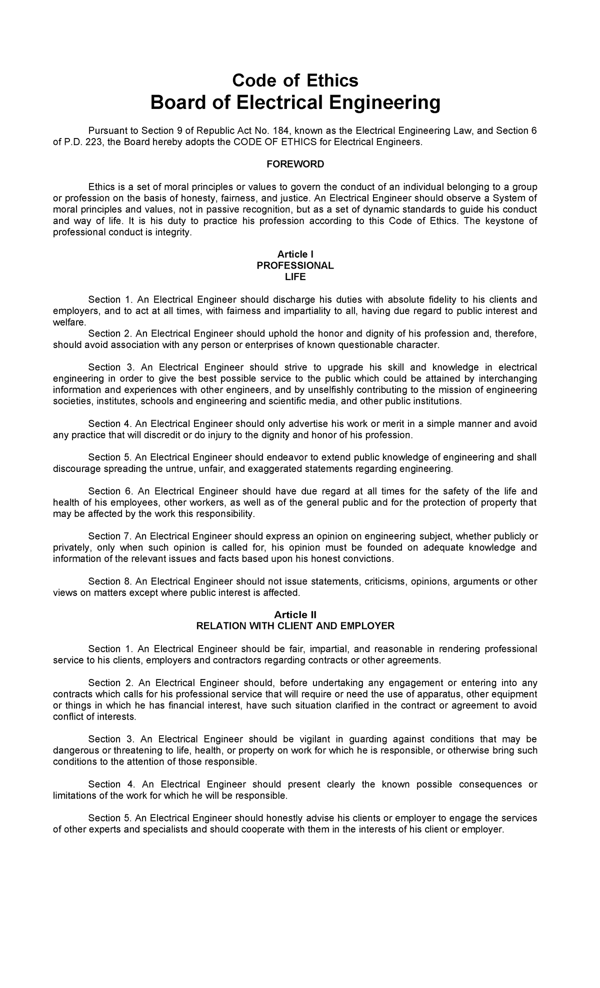 Code of Ethics for Electrical Engineers - EE 4.0 - Studocu