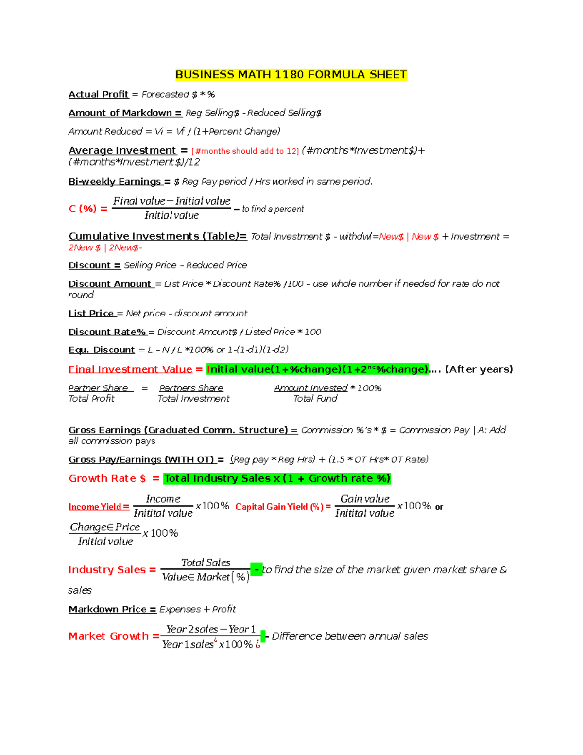 Business MATH 1180 Comprehensive Formula Sheet for Calculations - Studocu