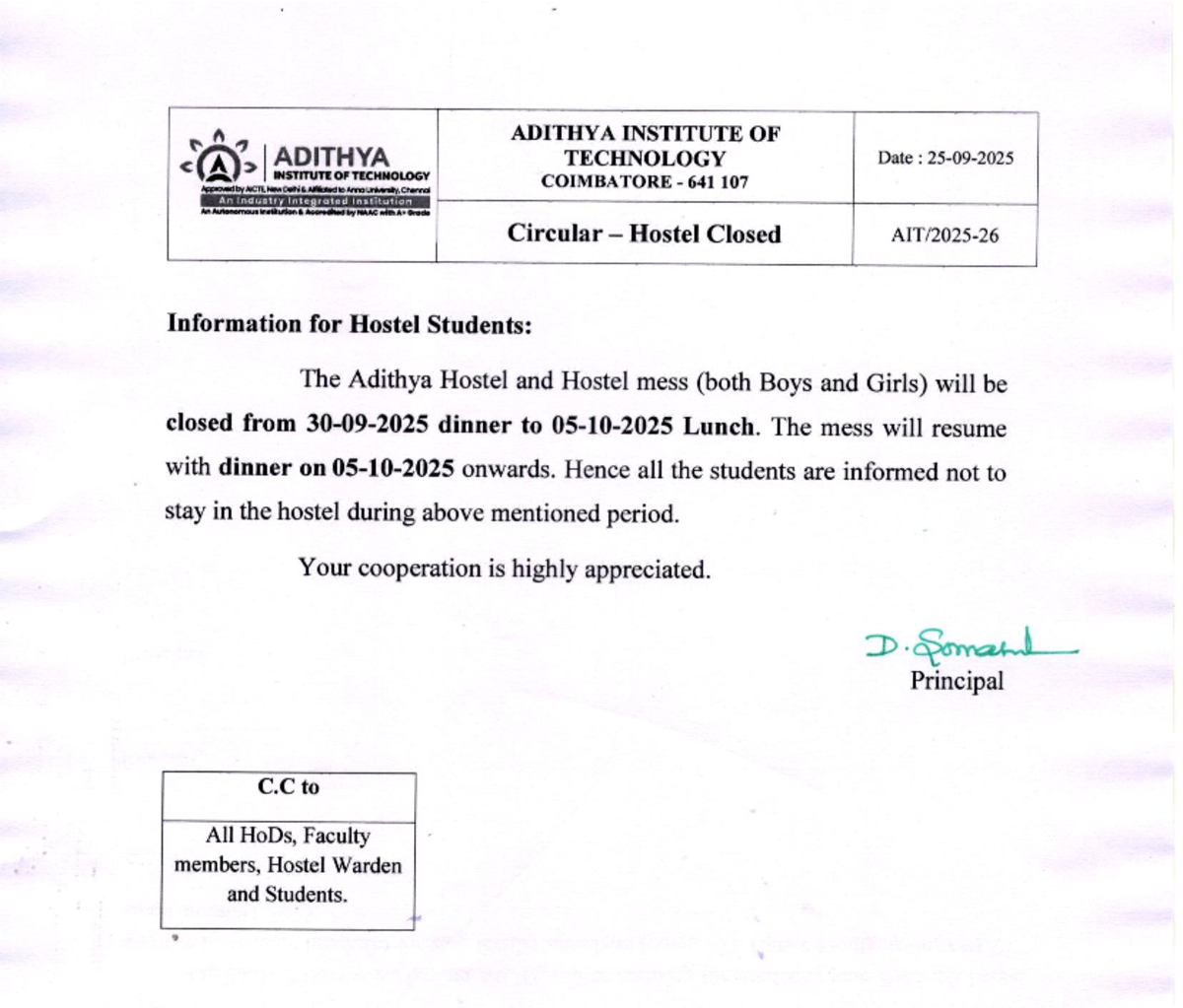 Pooja Holidays Notice: Hostel Mess Closure Information - Studocu