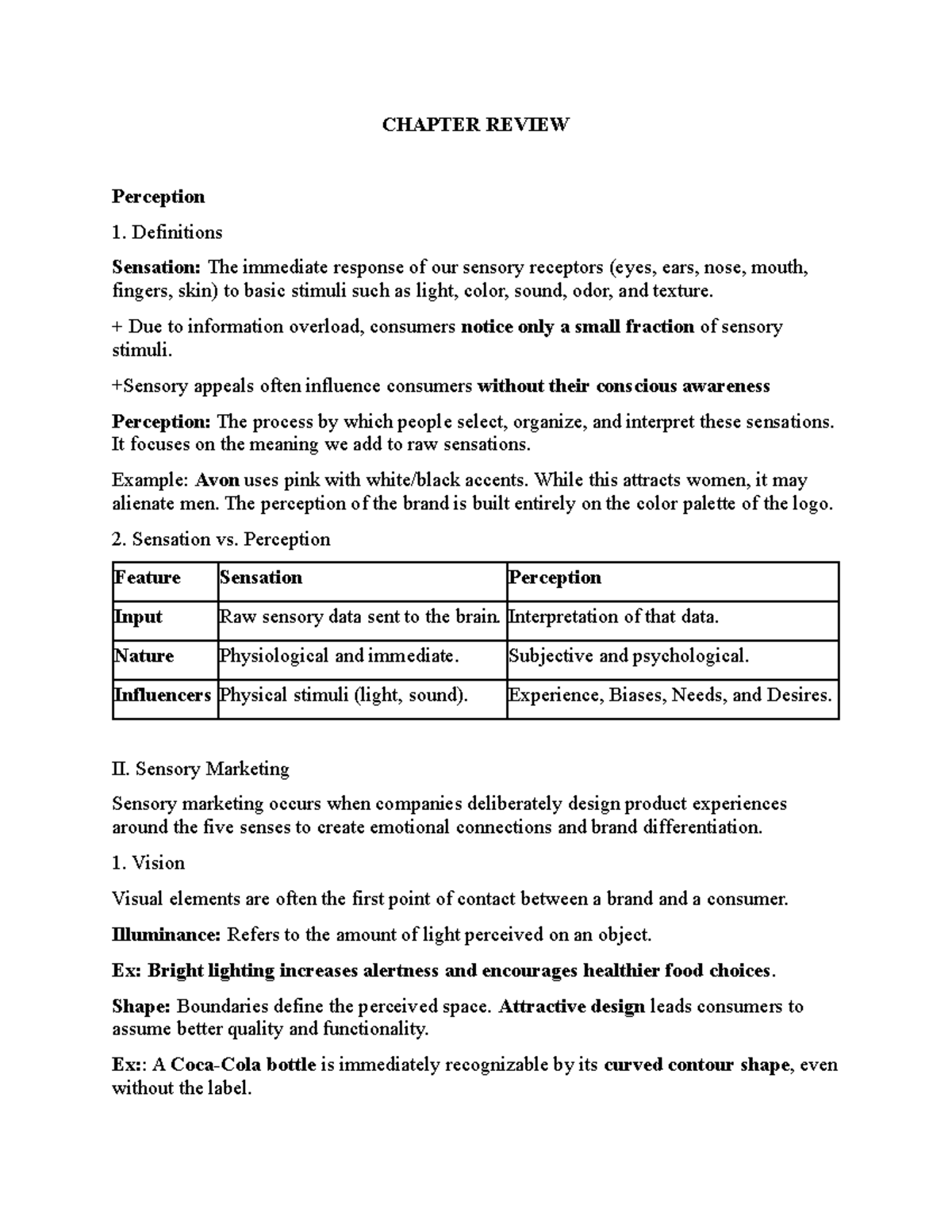 CHAPTER REVIEW: Perception and Sensory Marketing Insights - Studocu