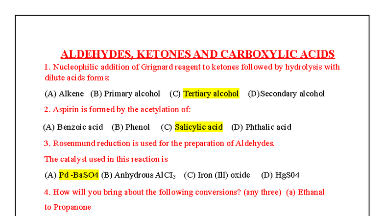 Aldehydes, Ketones & Carboxylic Acids PYQ & Solutions (Chem 101) - Studocu