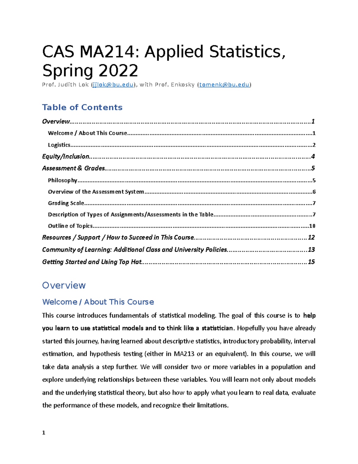 MA214 Applied Statistics Syllabus - Spring 2022 by Prof. Judith Lok - Studocu