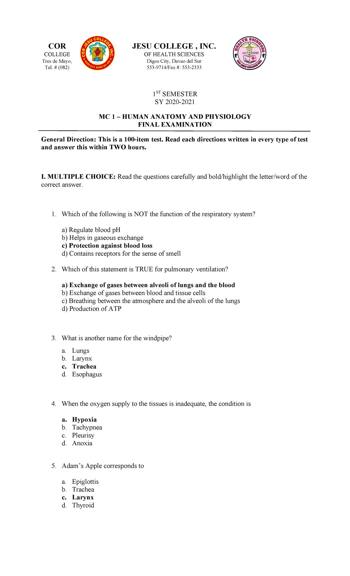HSC 1ST SEM HUMAN ANATOMY & PHYSIOLOGY FINAL EXAM NOTES - Studocu