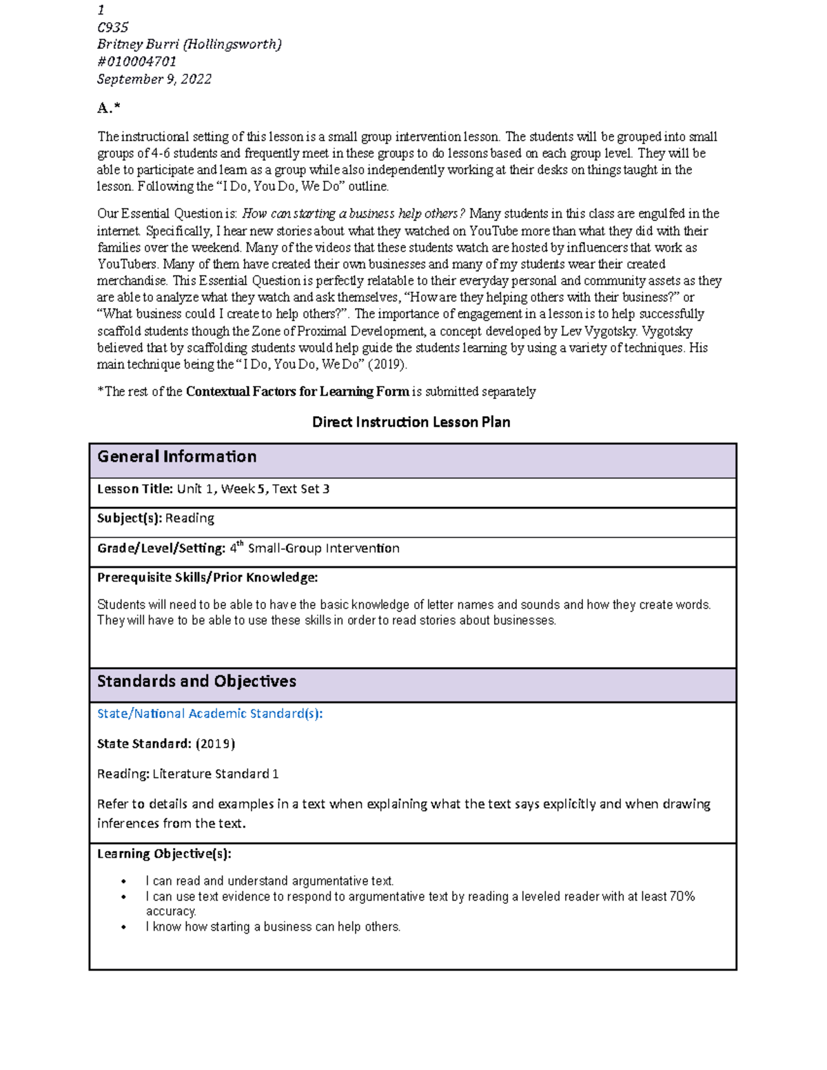 C935 Task 1 - PCE - Small Group Intervention Lesson Plan Overview - Studocu