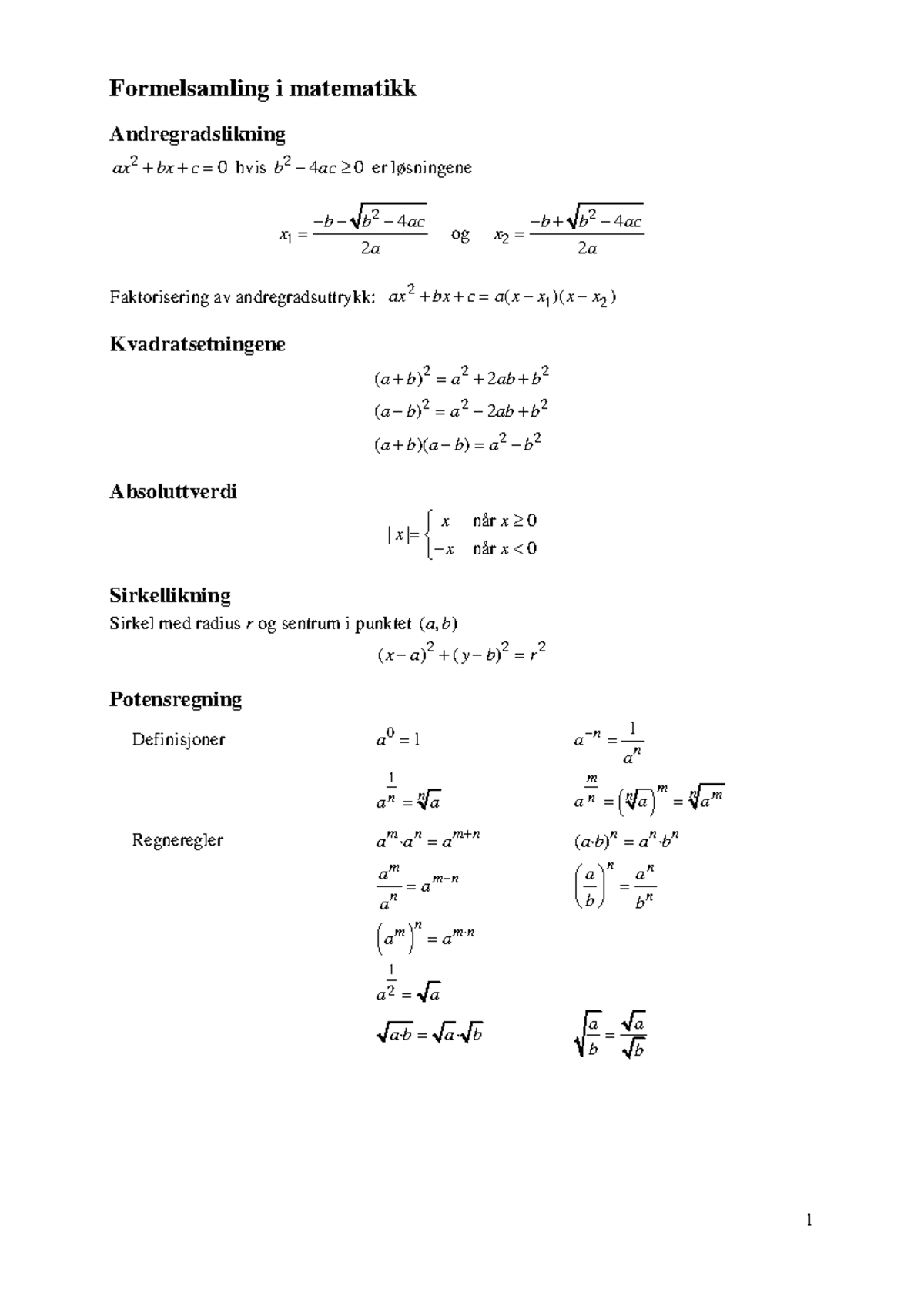 Formelsamling i Matematikk for Økonomer (MAT101) - Studocu