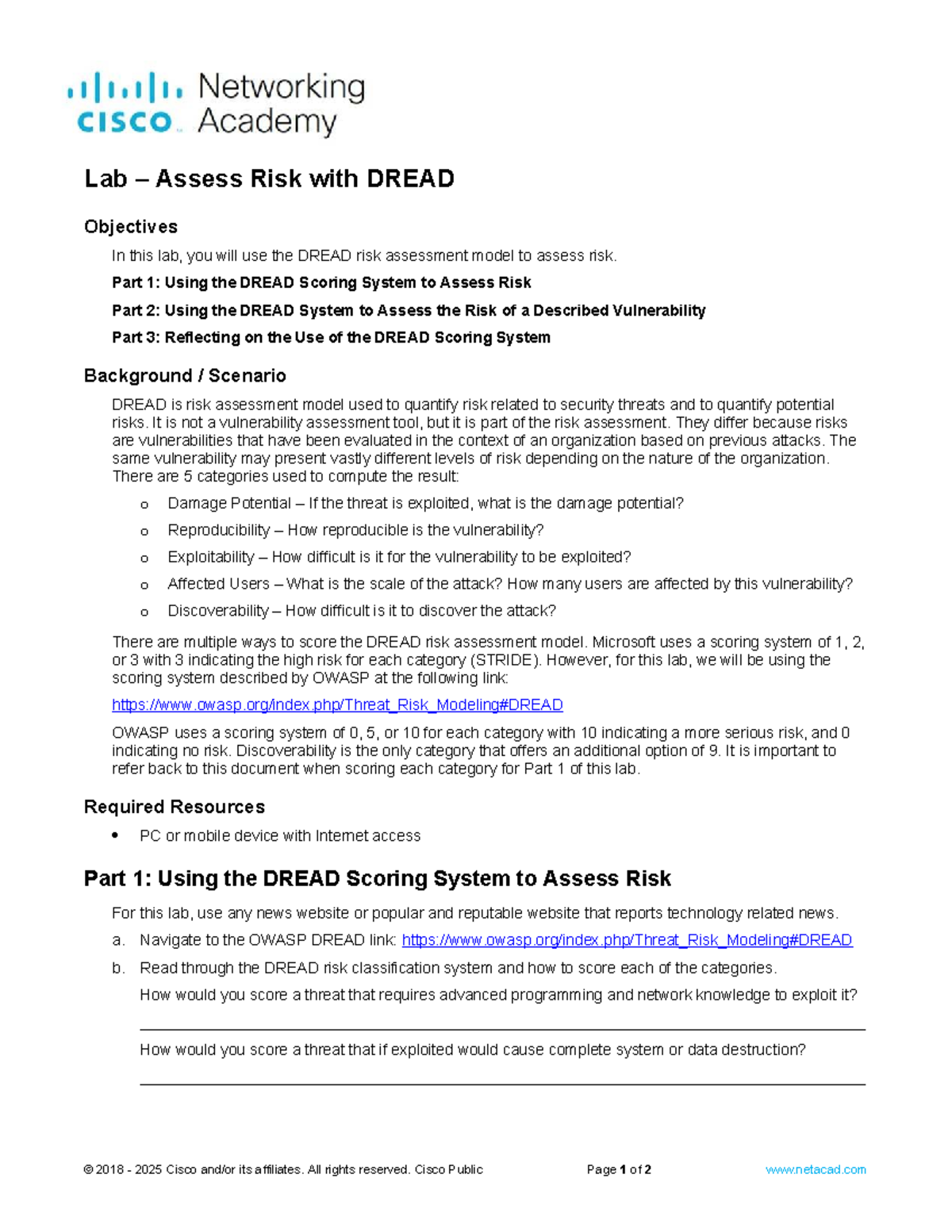 6.2.3.6 - Assess Risk with Dread - Lab – Assess Risk with DREAD ...