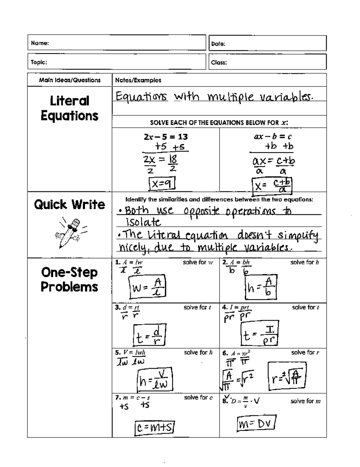 Math 101: Solving Literal Equations with Multiple Variables - Studocu