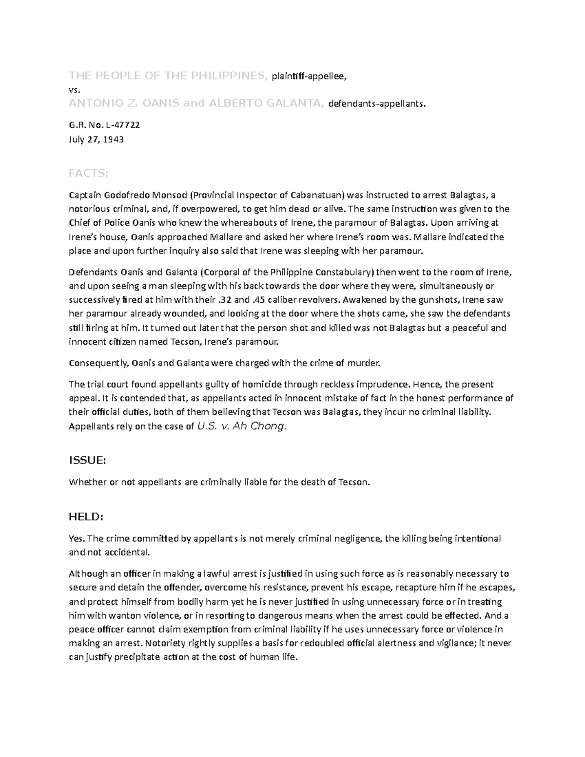 People vs Oanis: Case Digest on Reckless Homicide Liability - Studocu