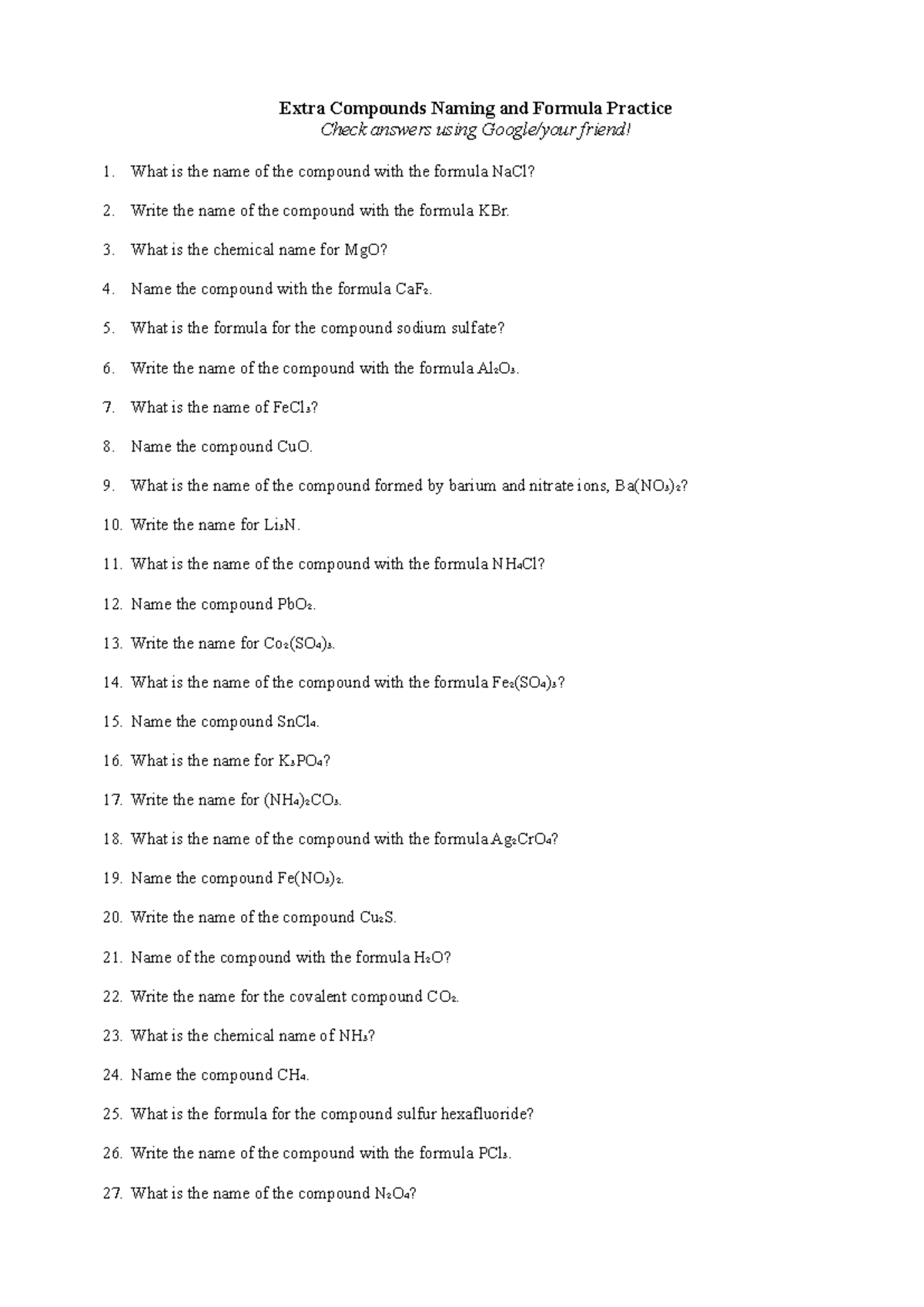 2.2 Extra Compounds Naming & Formulas Practice Guide - Studocu