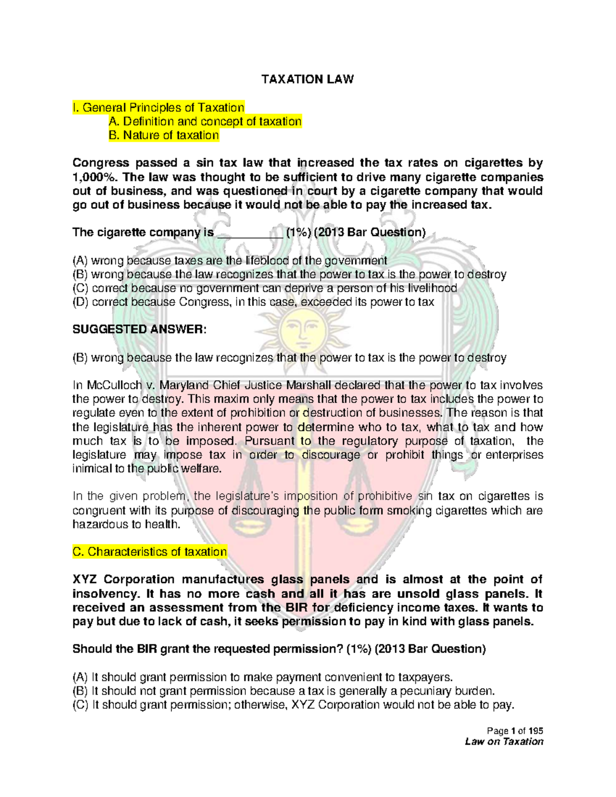 Taxation Law Bar Exam Questions and Answers (2009-2017) - Studocu