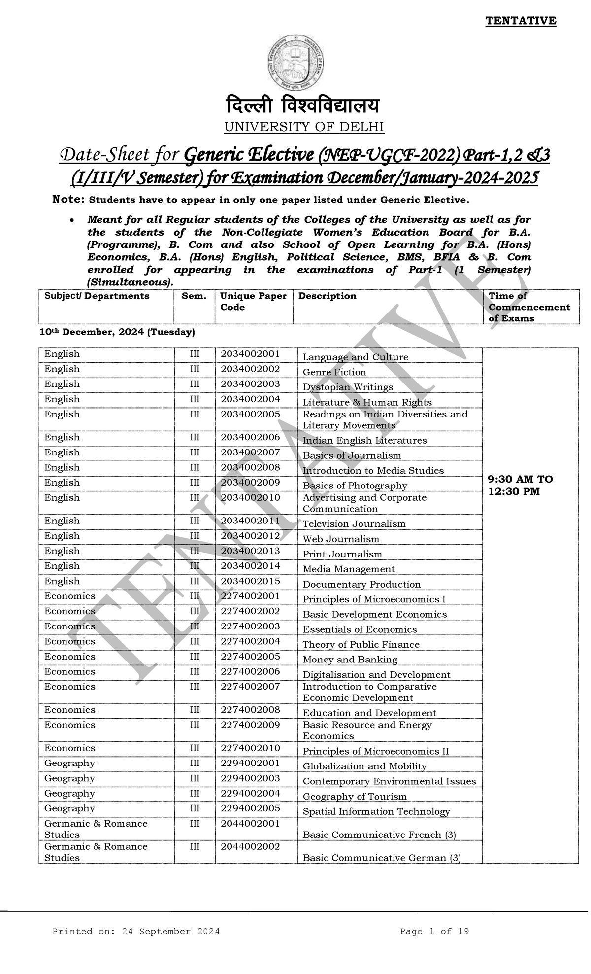Tentative Examination Schedule for Generic Elective (Semester 3) - Dec ...