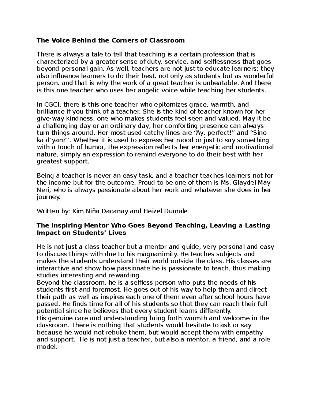 Feature Writing: Celebrating Inspiring Teachers at CGCI - Studocu
