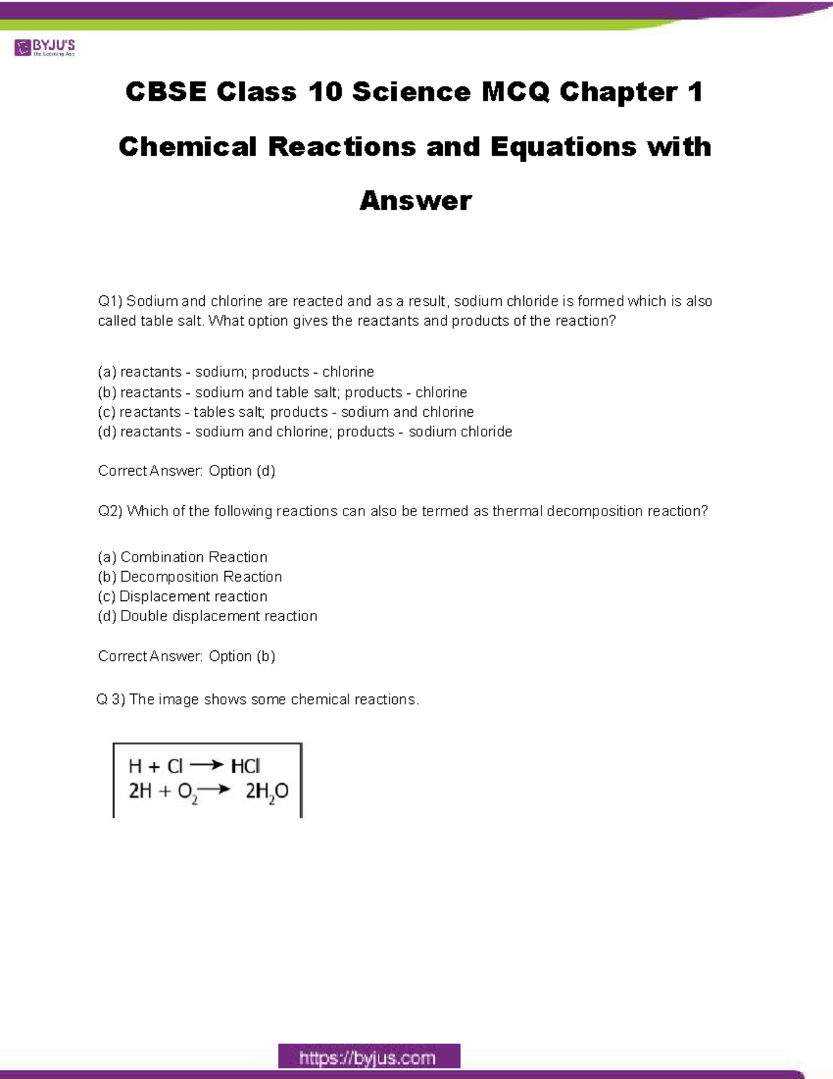 CBSE Class 10 Science MCQs: Chapter 1 - Chemical Reactions & Equations ...