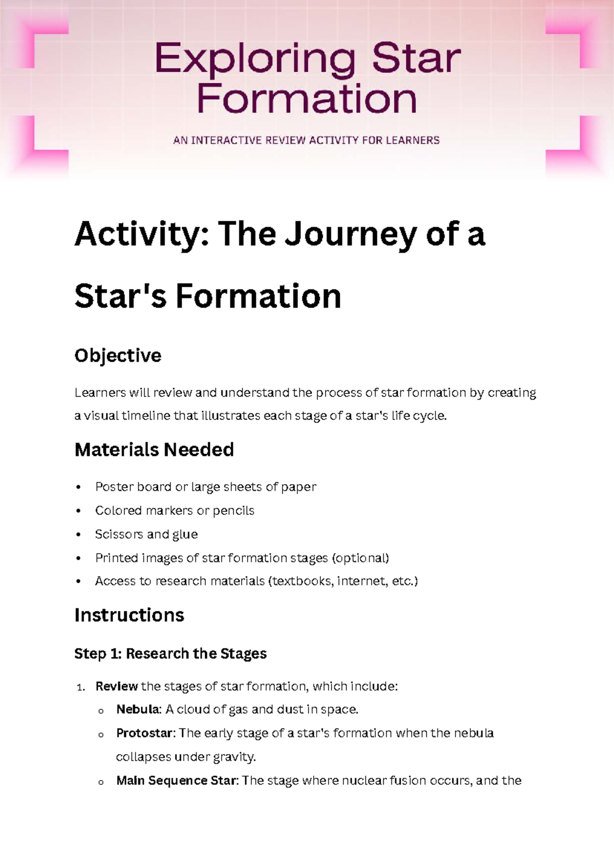 Activity: The Journey of a Star's Formation - Visual Timeline Project ...