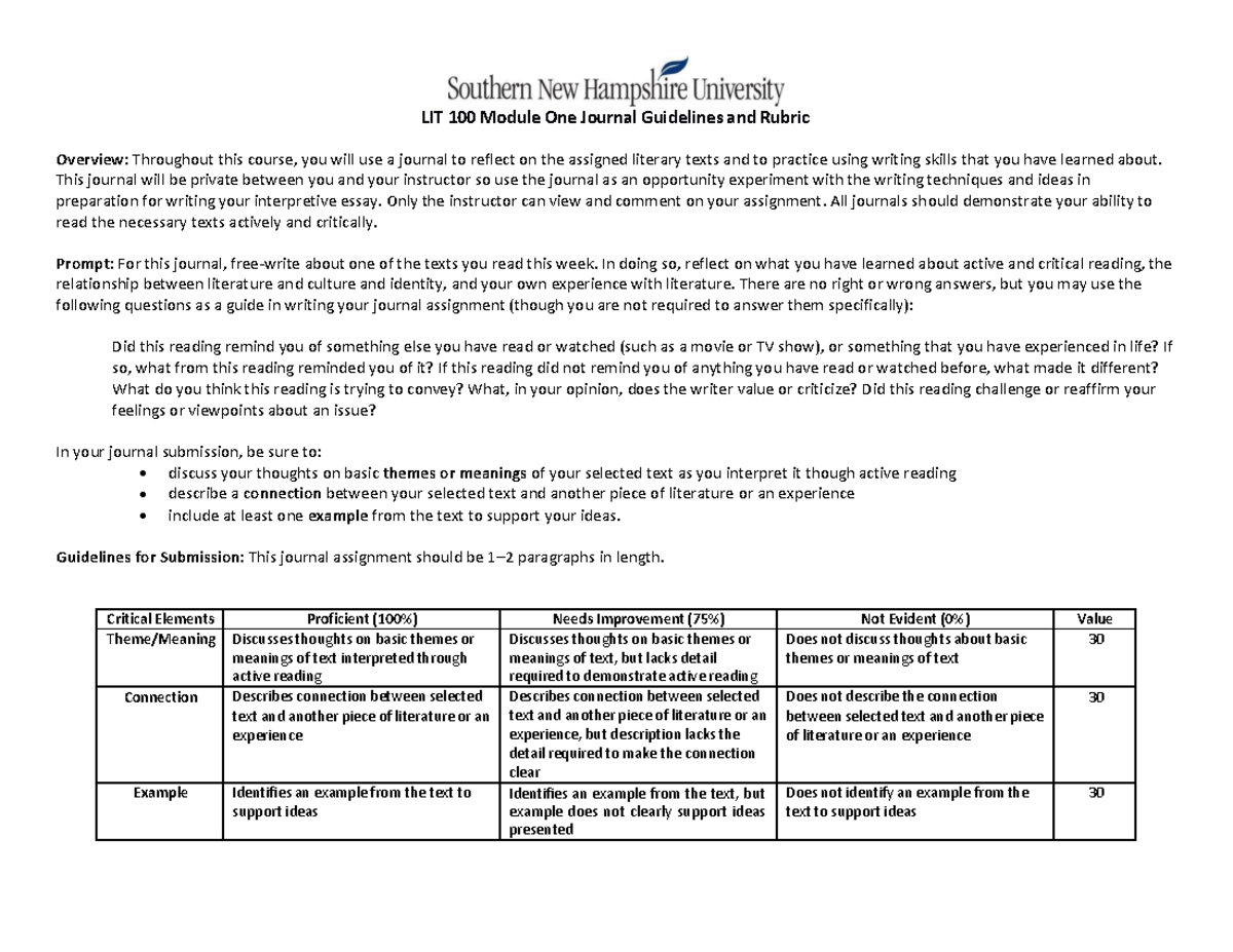 LIT 100 Module One Journal: Guidelines and Rubric Summary - Studocu