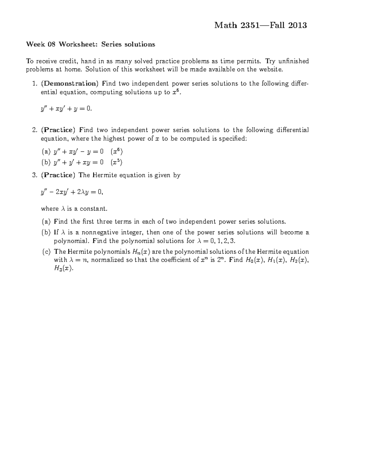 Math 2013 Week 08 Worksheet: Power Series Solutions and Practices - Studocu