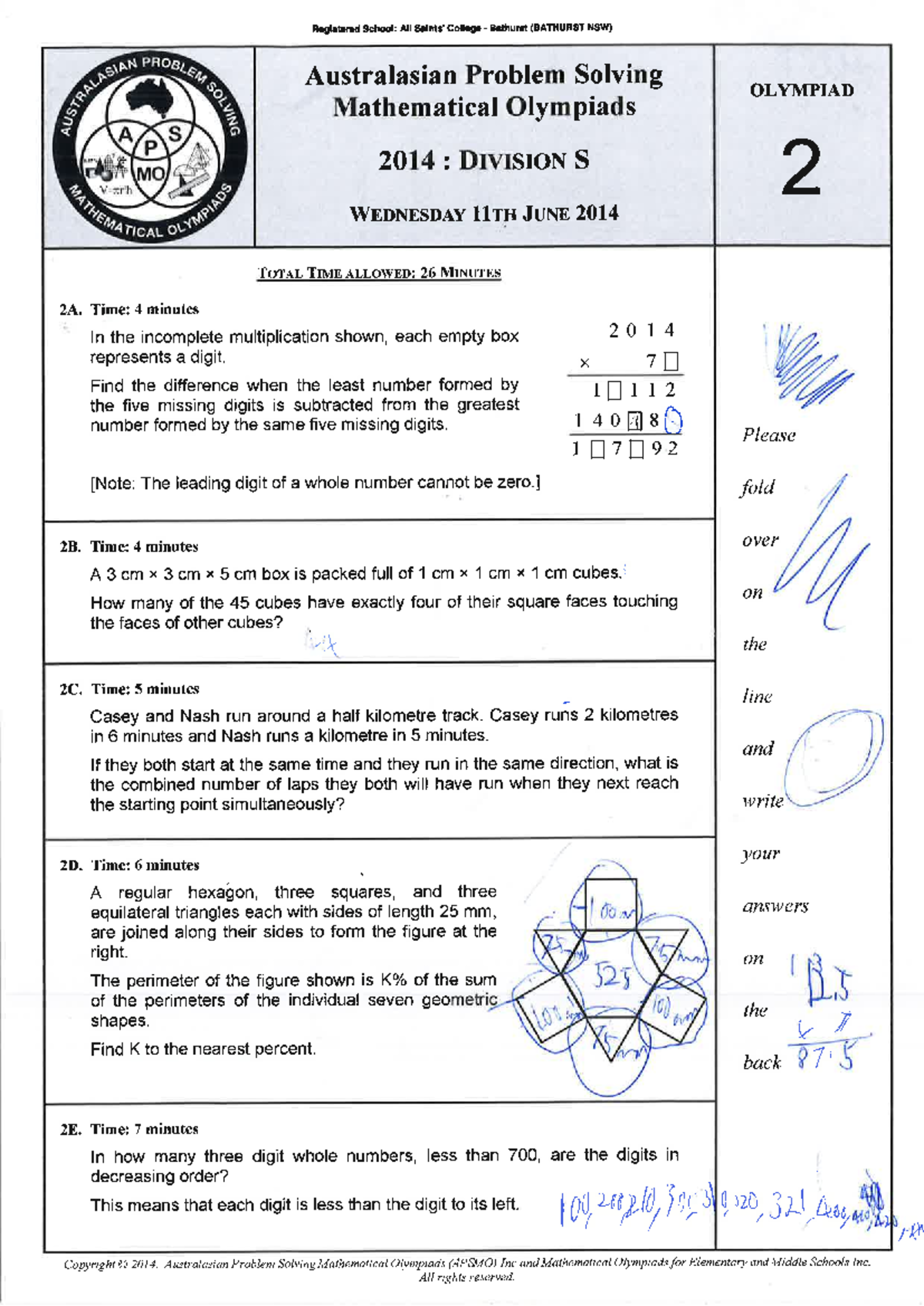 BATHURST NSW: APSMO Problem Solving Olympiad 2014 Solutions - Studocu