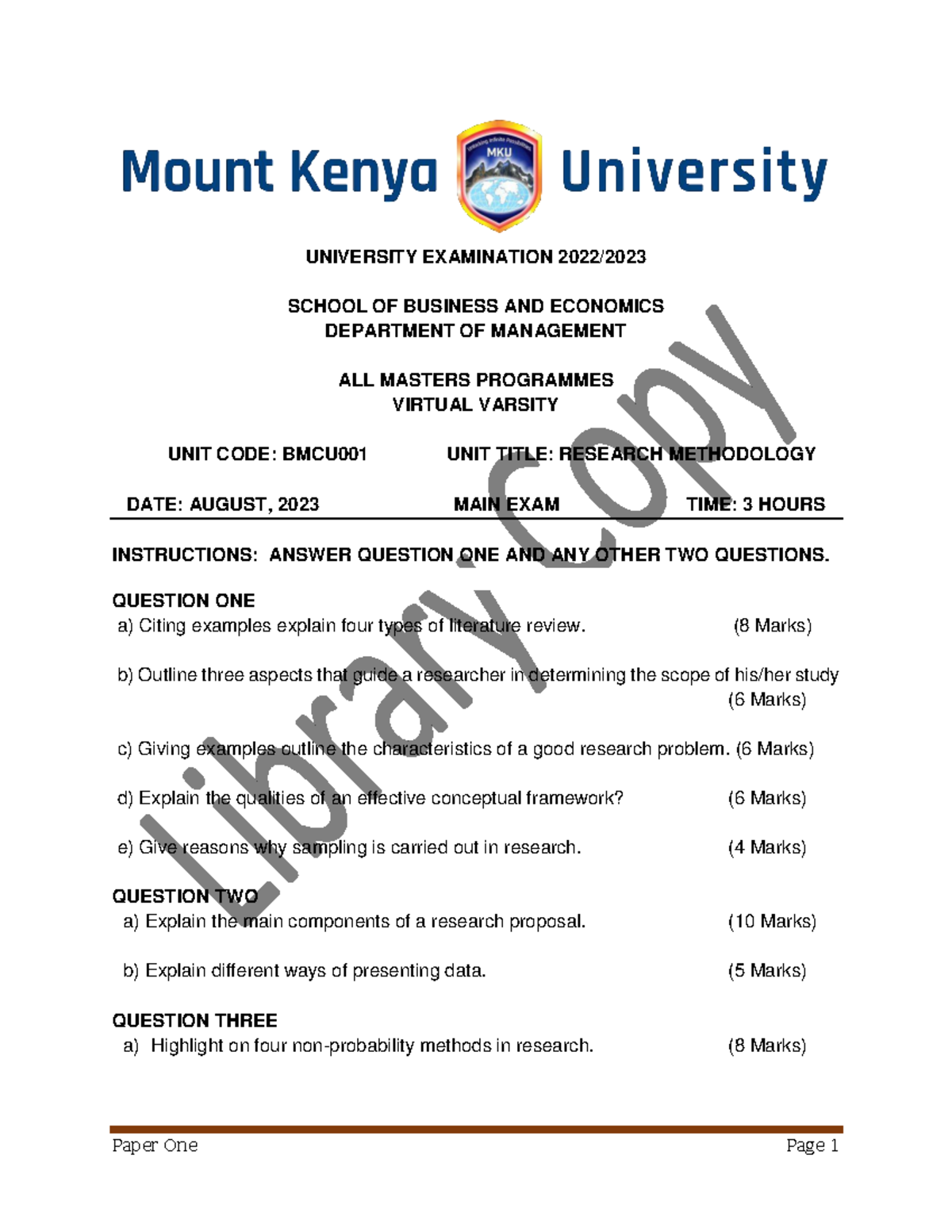 Research Methodology Final Exam - BMCU001, August 2023 - Studocu