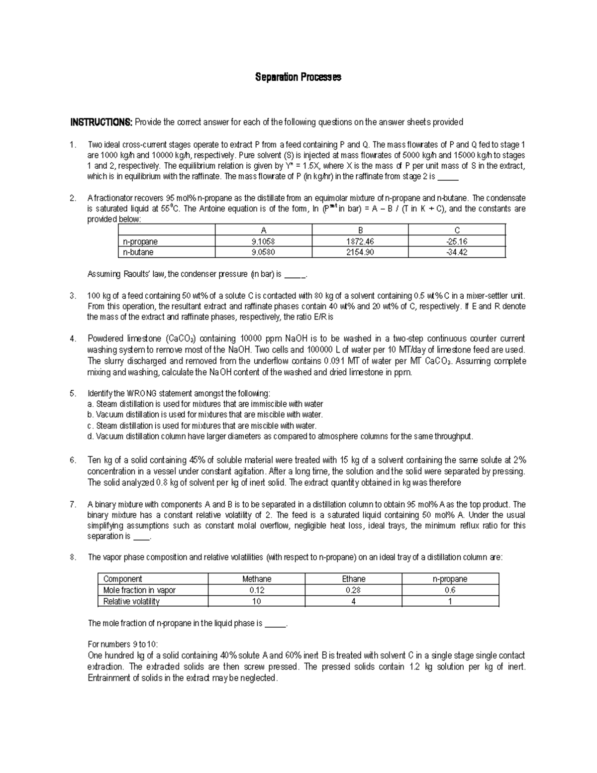 Separation Processes Quiz: Solubility & Extraction Techniques - Studocu