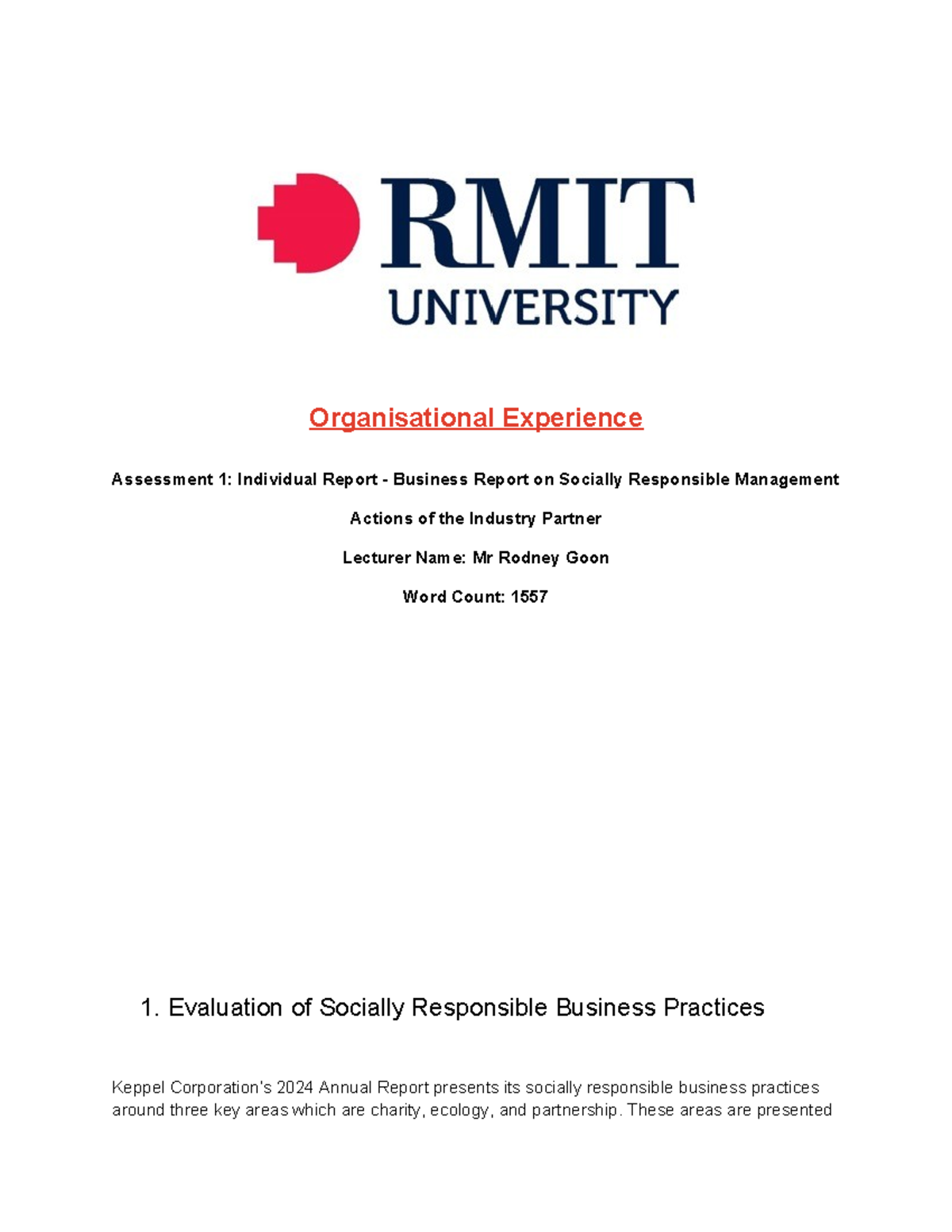 OE A1 - Individual Report on Socially Responsible Management Practices ...