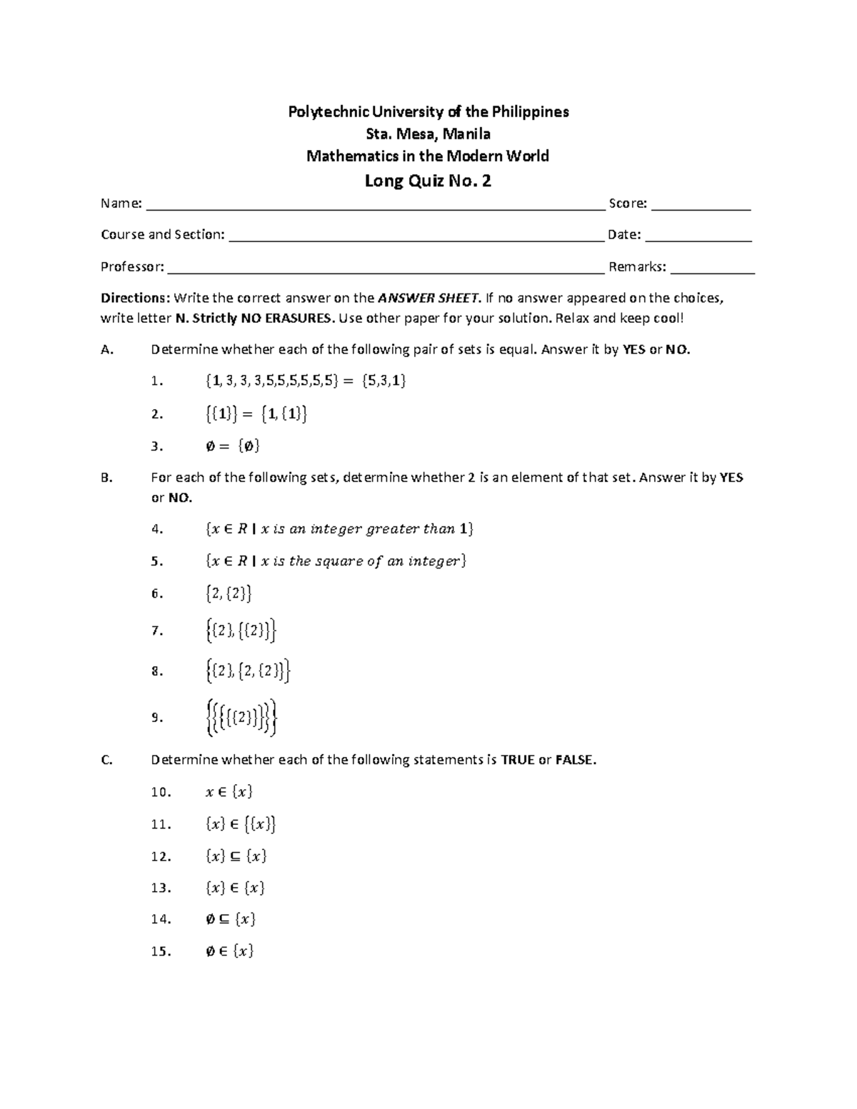 QUIZ 2 Answer Sheet - Sets, Subsets & Set Operations Evaluation - Studocu