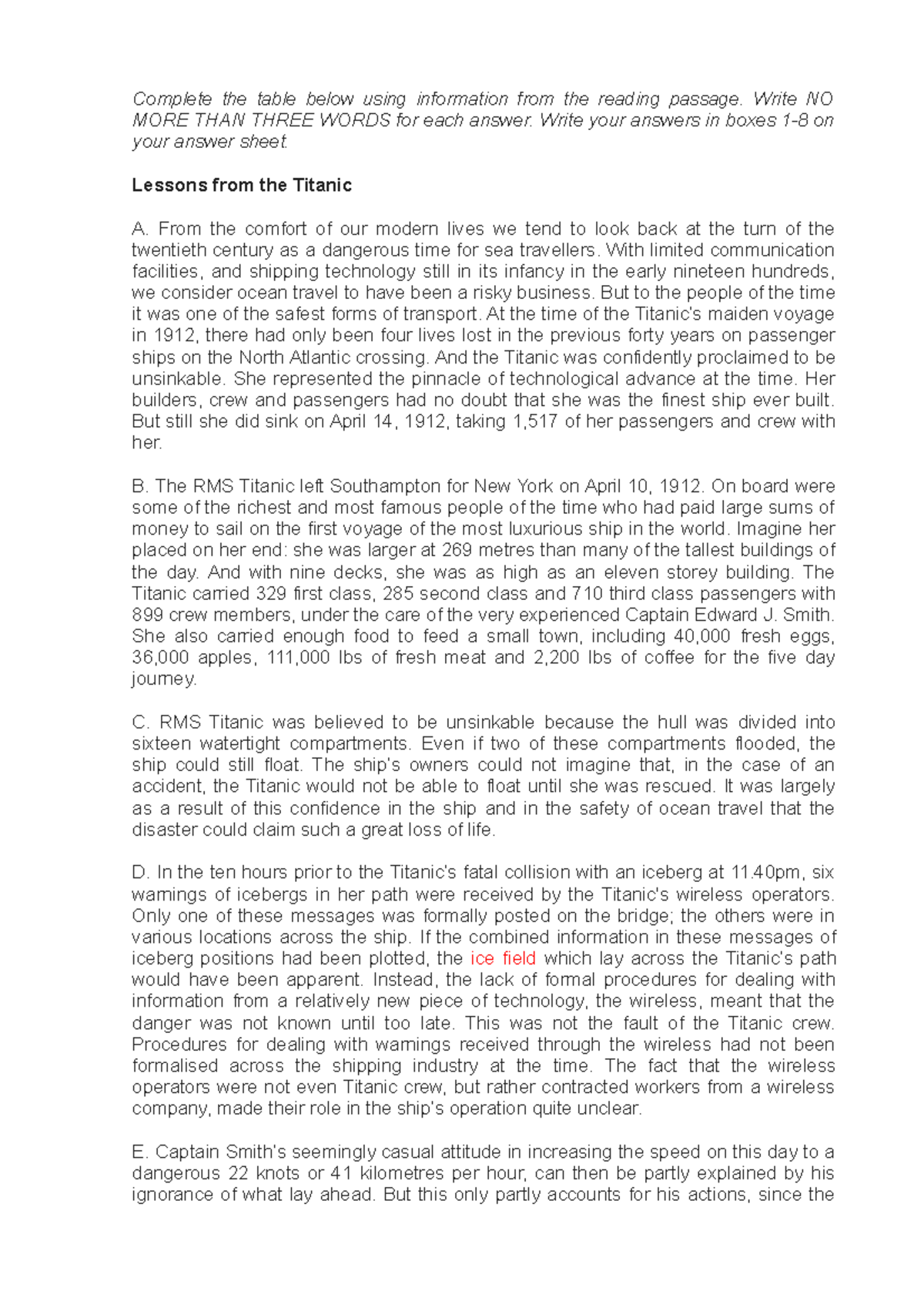 Titanic - english - Complete the table below using information from the ...