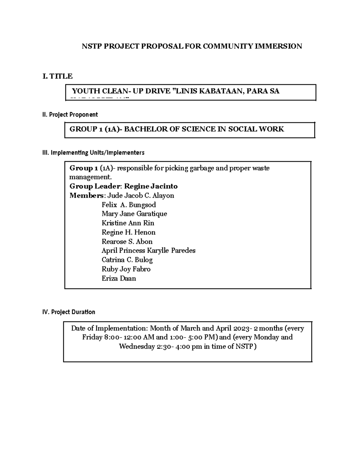NSTP Project Proposal: Youth Clean-Up Drive "Linis Kabataan" - Studocu