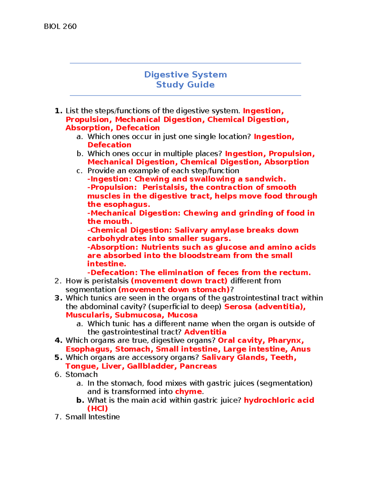Digestive System Study Guide Overview (BIOL 260) - Studocu