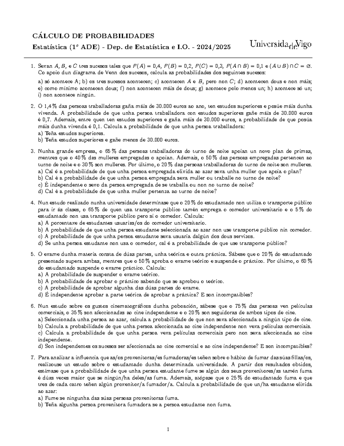 CÁLCULO DE PROBABILIDADES - Estatı́stica (1o ADE) - 2024/2025 - Studocu