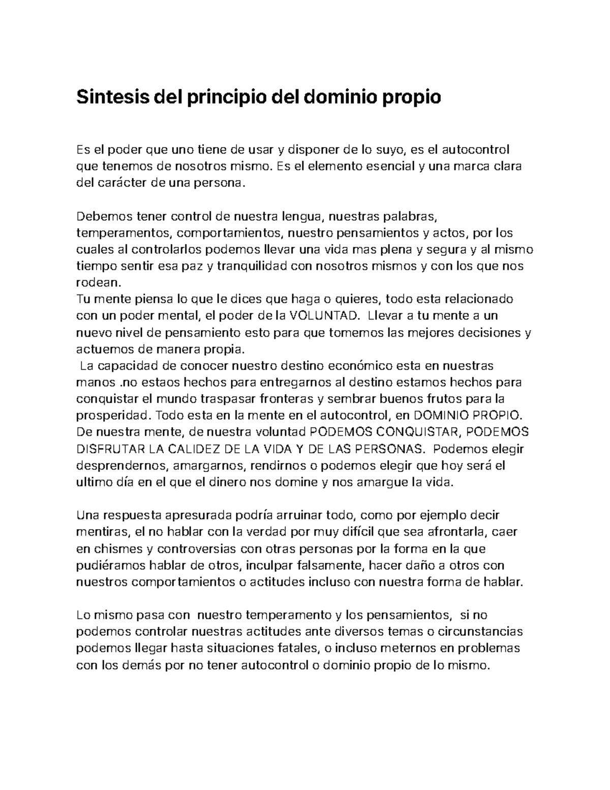 Síntesis del Principio de Dominio Propio y Autocontrol Personal - Studocu