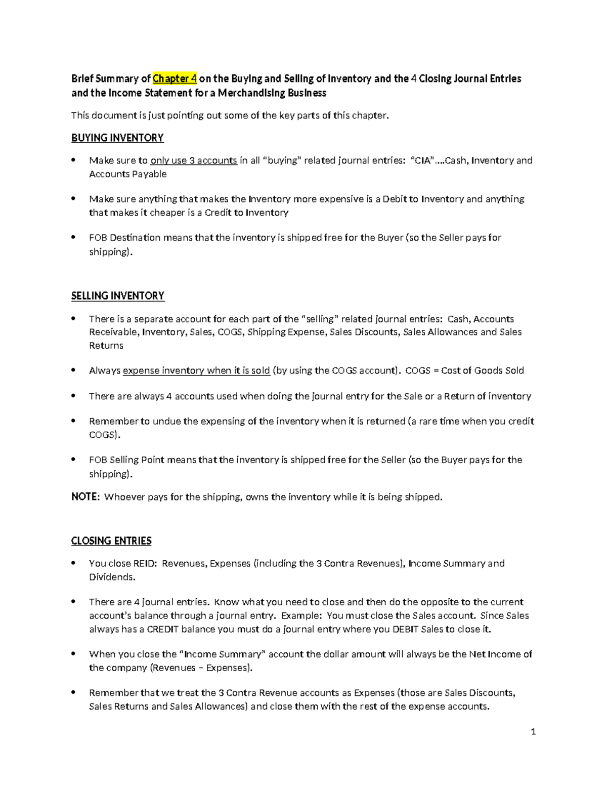 Chapter 4 Summary: Buying & Selling Inventory & Closing Entries - Studocu