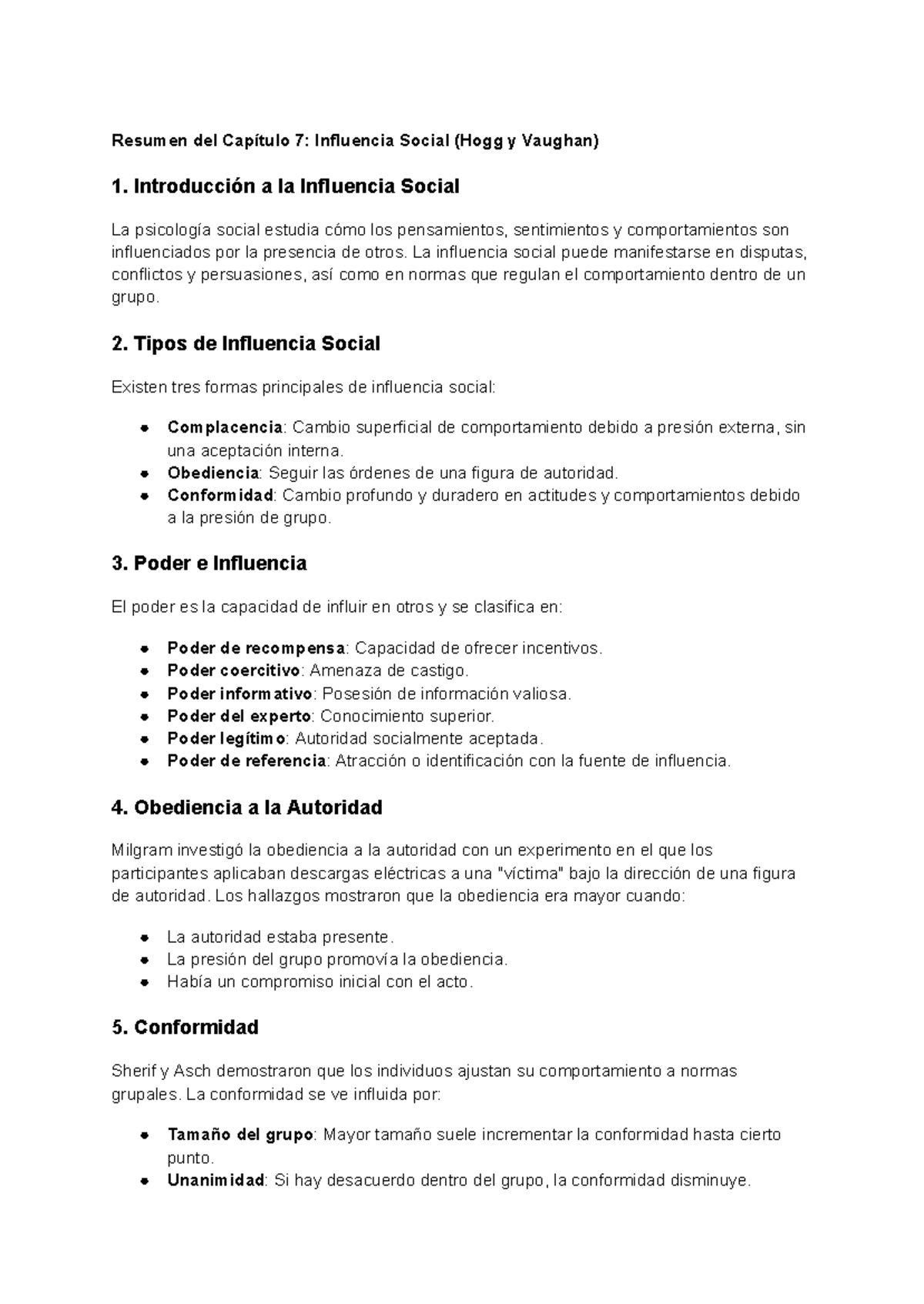 Resumen del Capítulo 7: Influencia Social (Hogg y Vaughan) - Psicología ...