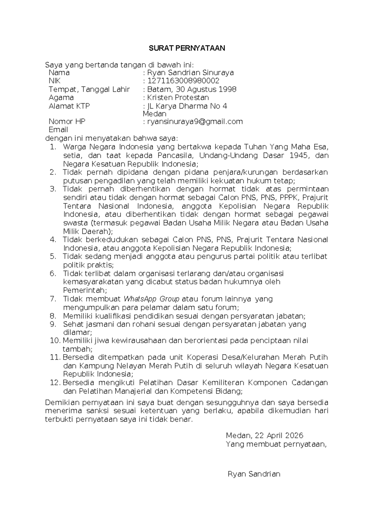 Surat Pernyataan Ryan Sandrian Sinuraya - Template Resmi - Studocu
