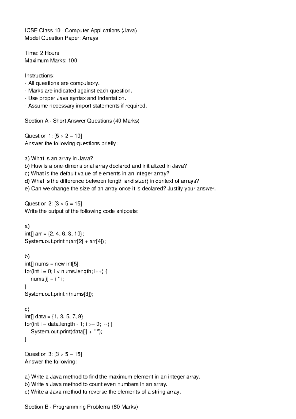 ICSE Class 10 Computer Applications Java Model Question Paper: Arrays ...