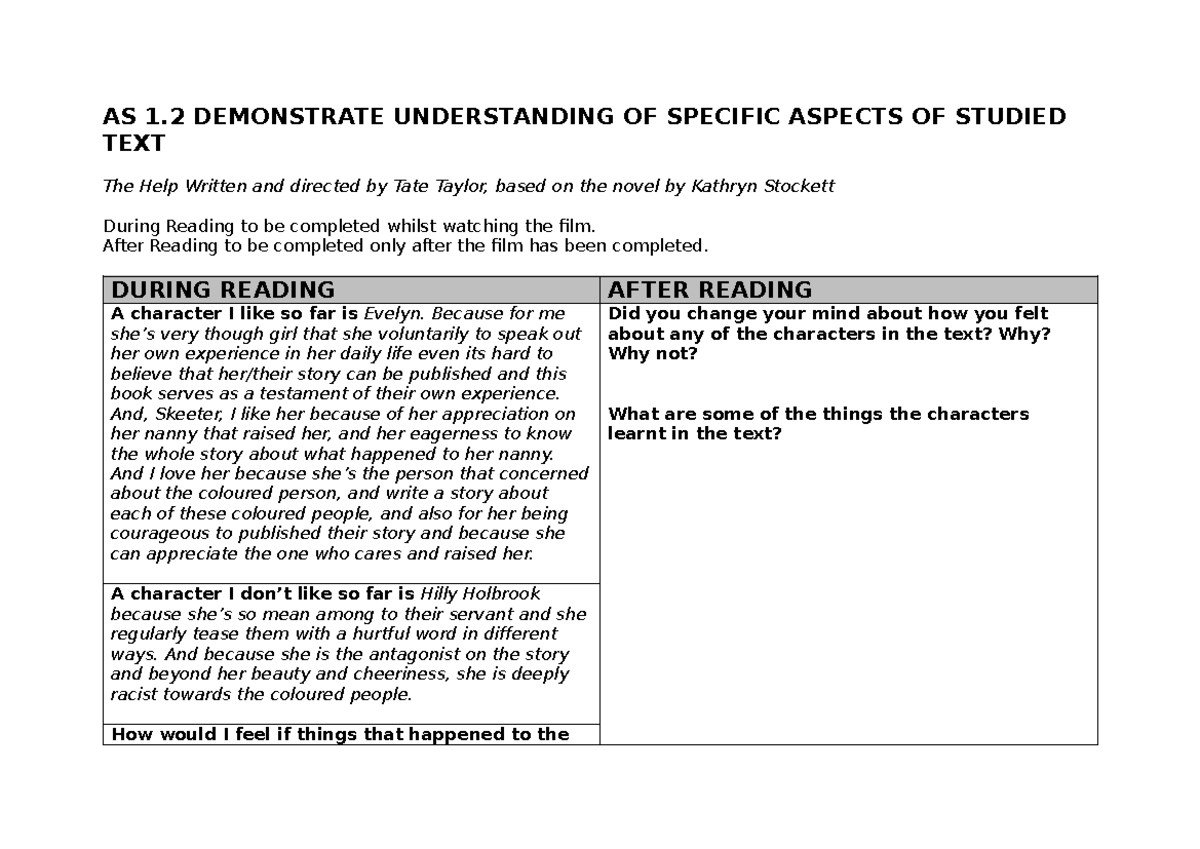 AS 1.2 Character Analysis Notes for The Help Film and Text - Studocu