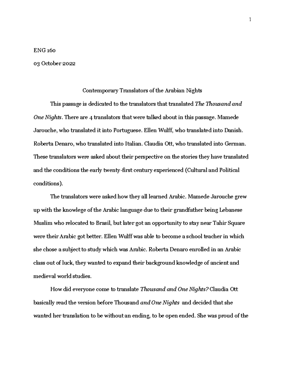 #6 Short Story - 1 ENG 160 03 October 2022 Contemporary Translators of ...