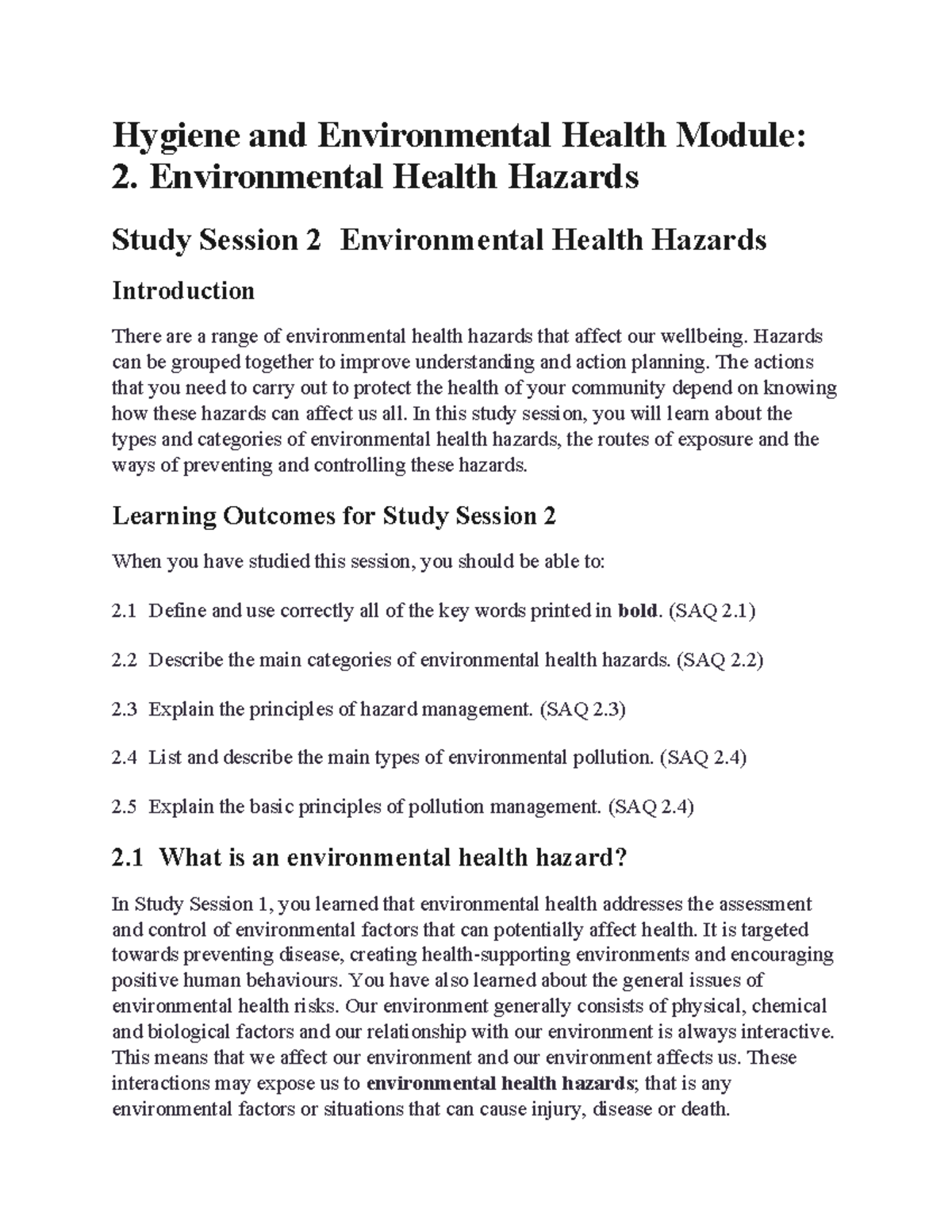 Hazad manaemen - class notes - Hygiene and Environmental Health Module ...
