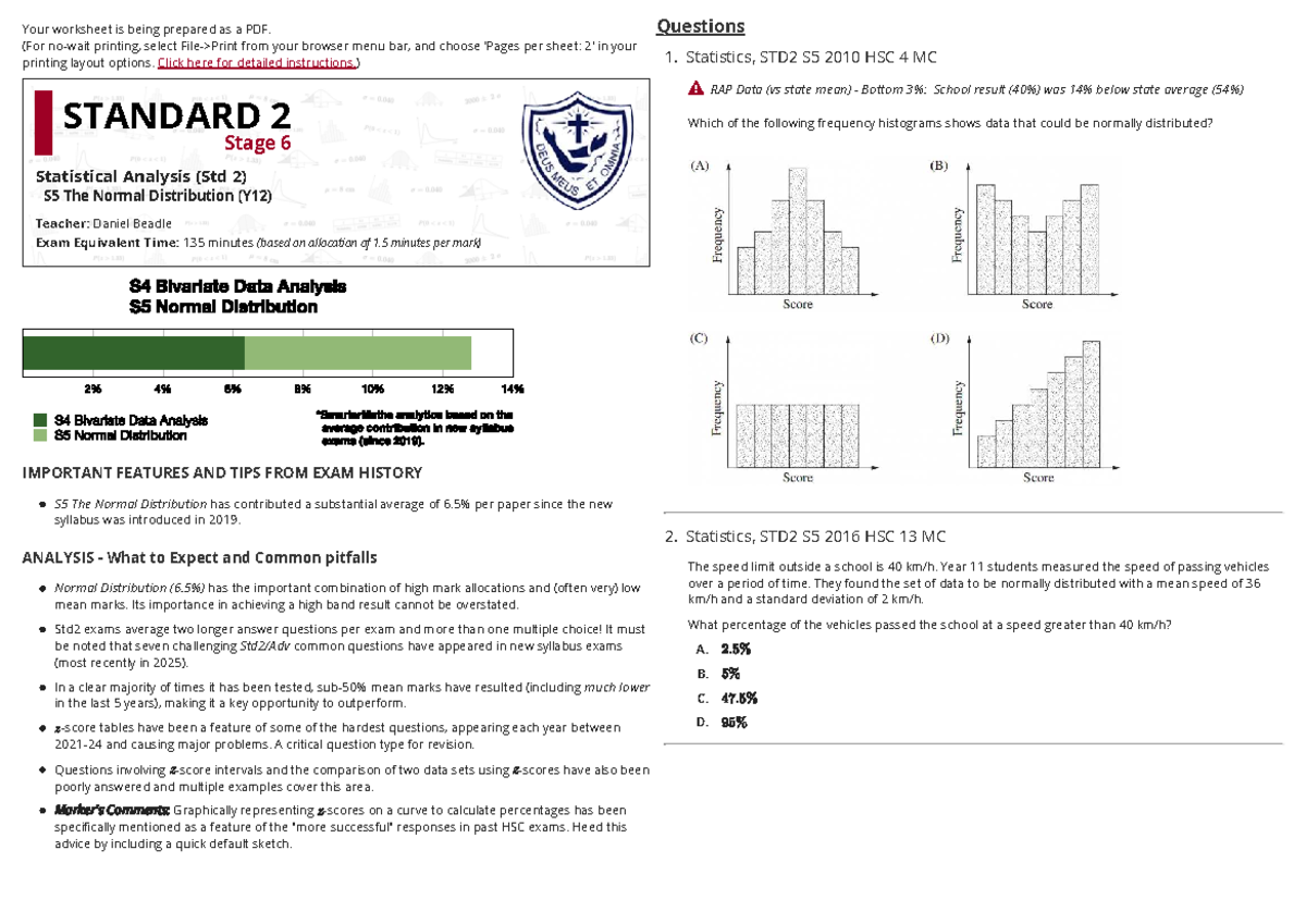 Normal Distribution HSC Questions - STD2 S5 Exam Prep - Studocu