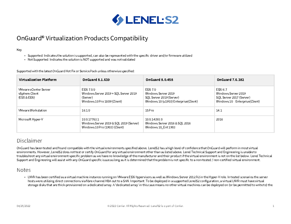 Lenel S2 OnGuard Virtualization Compatibility Overview (Updated 2022 ...