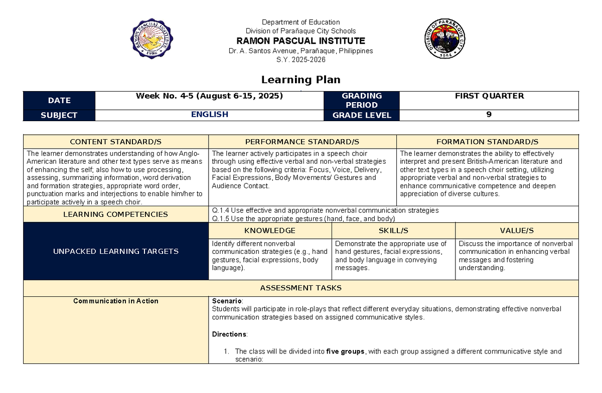 ENG 9 LP-Q1-W4-W5 - Nonverbal Communication in Speech Choir - Studocu
