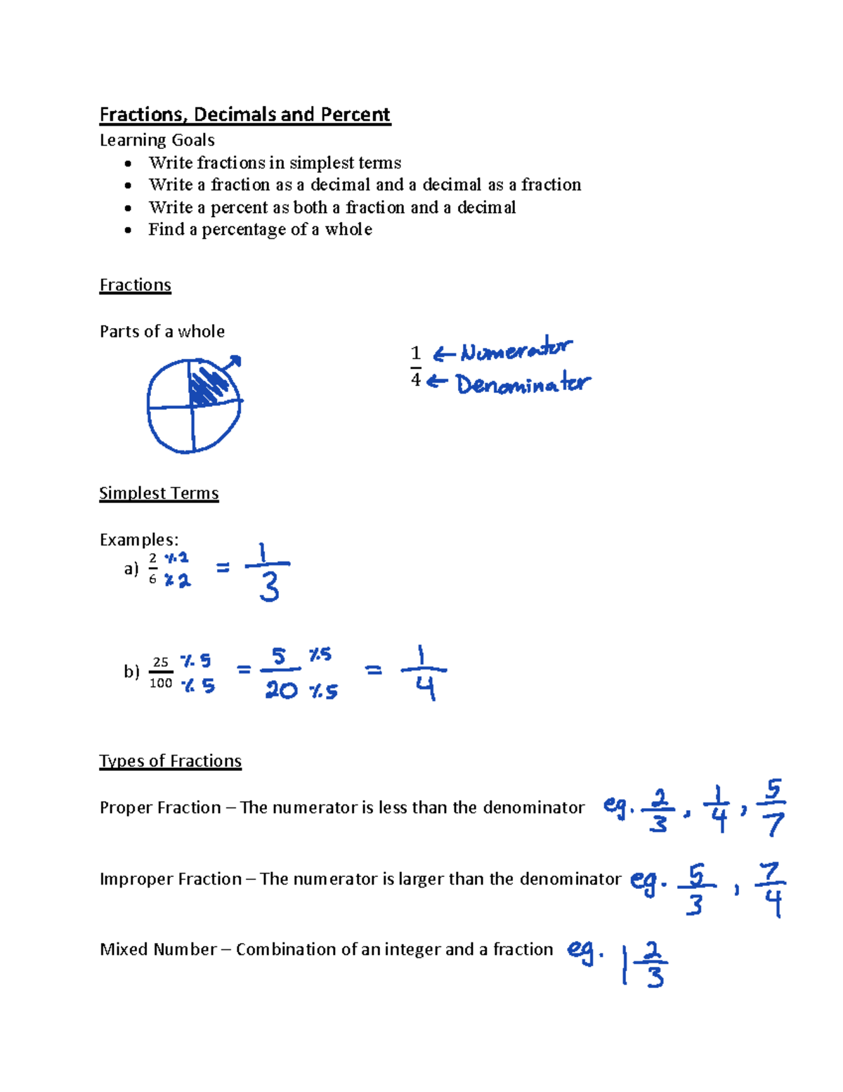 Math 101: Fractions, Decimals, and Percent Concepts Overview - Studocu
