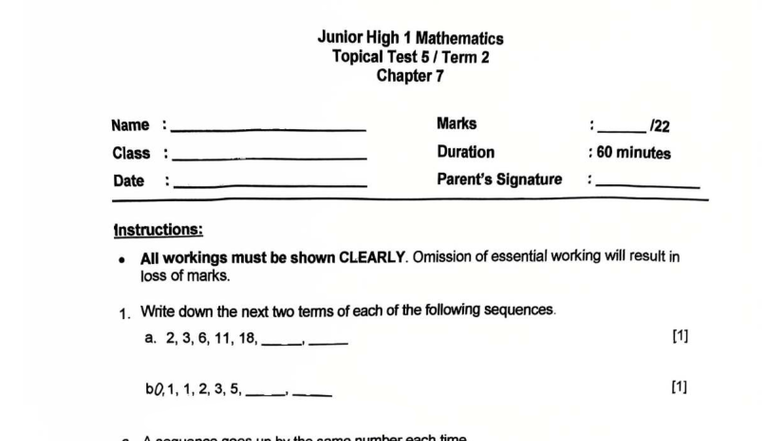 Jh1 Math Topical Test 5: Number Patterns & Sequences - Studocu