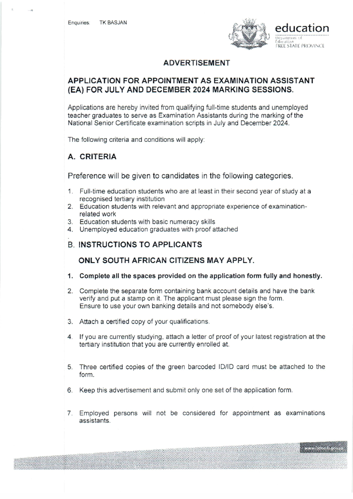 EA Application FOR 2024 - Enquiries: TK BASJAN education Department of ...