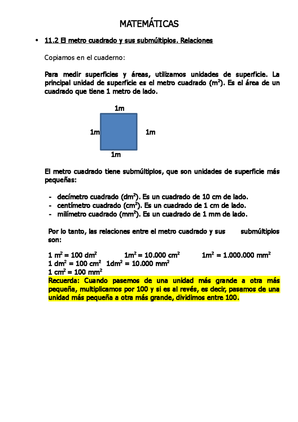 Relaciones del Metro Cuadrado y Sus Submúltiplos en Matemáticas - Studocu