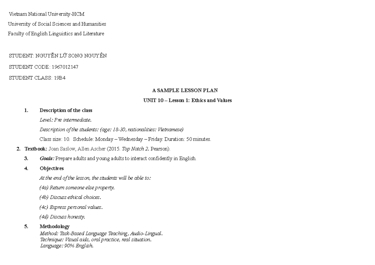 Final 19B4 - Lesson Plan on Ethics and Values in Unit 10 - Studocu